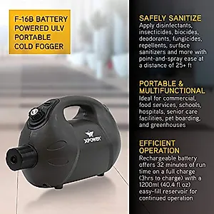 XPOWER F-16B ULV Cold Fogger, Mist Blower, and Sprayer for Cleaning, Disinfecting, Pest Control, Odor Elimination, and Mold Removal, 25+ Ft. Spray Distance, 1.6 L Tank Capacity, Rechargeable Battery