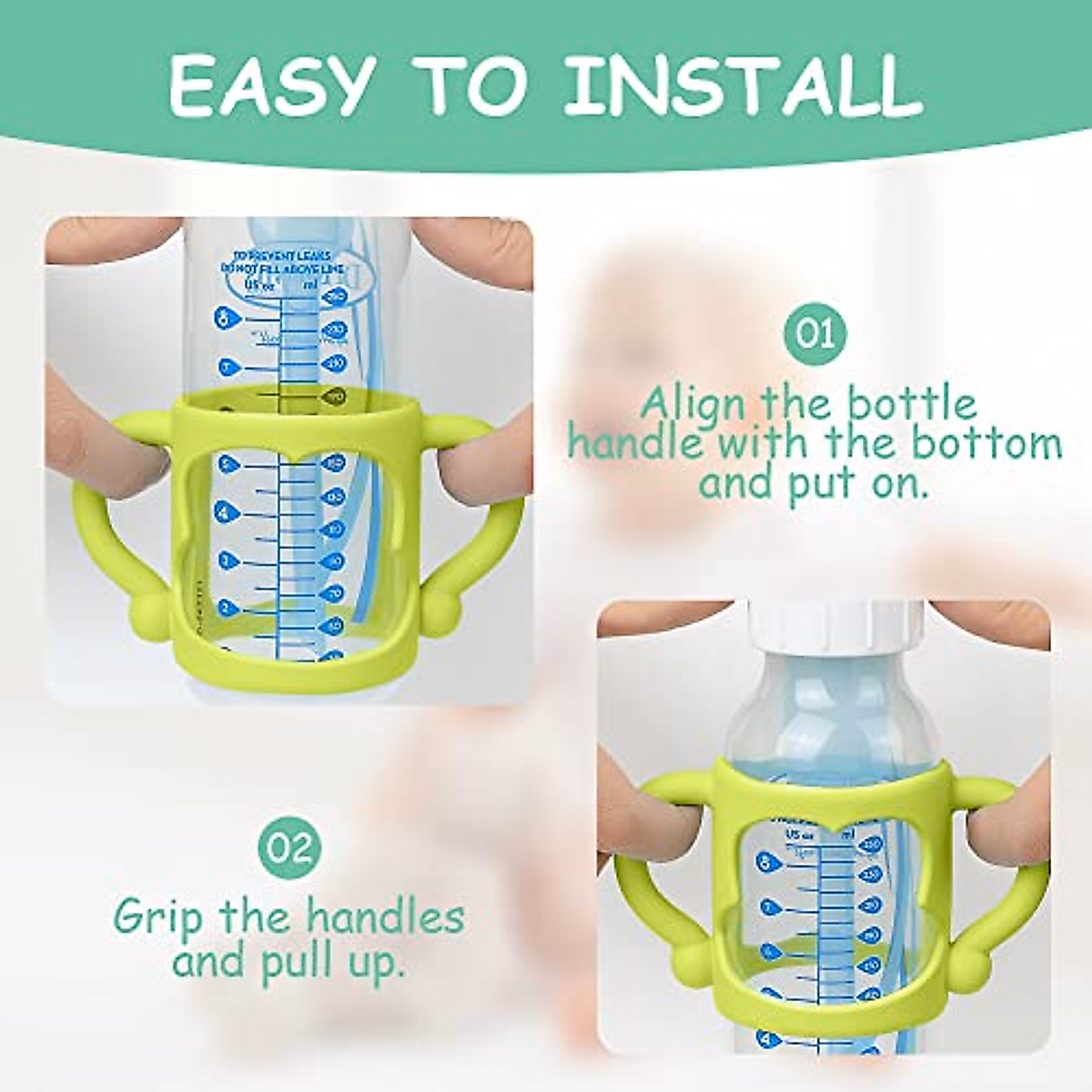 Aolso Silicone Baby Bottle Handles, 2PCS Bottle Handles, Baby Bottle Handles has Easy Grip Handles, Bottle Handles for 2.25" Diameter Baby Bottles and Straw Bottles(Blue/Green)