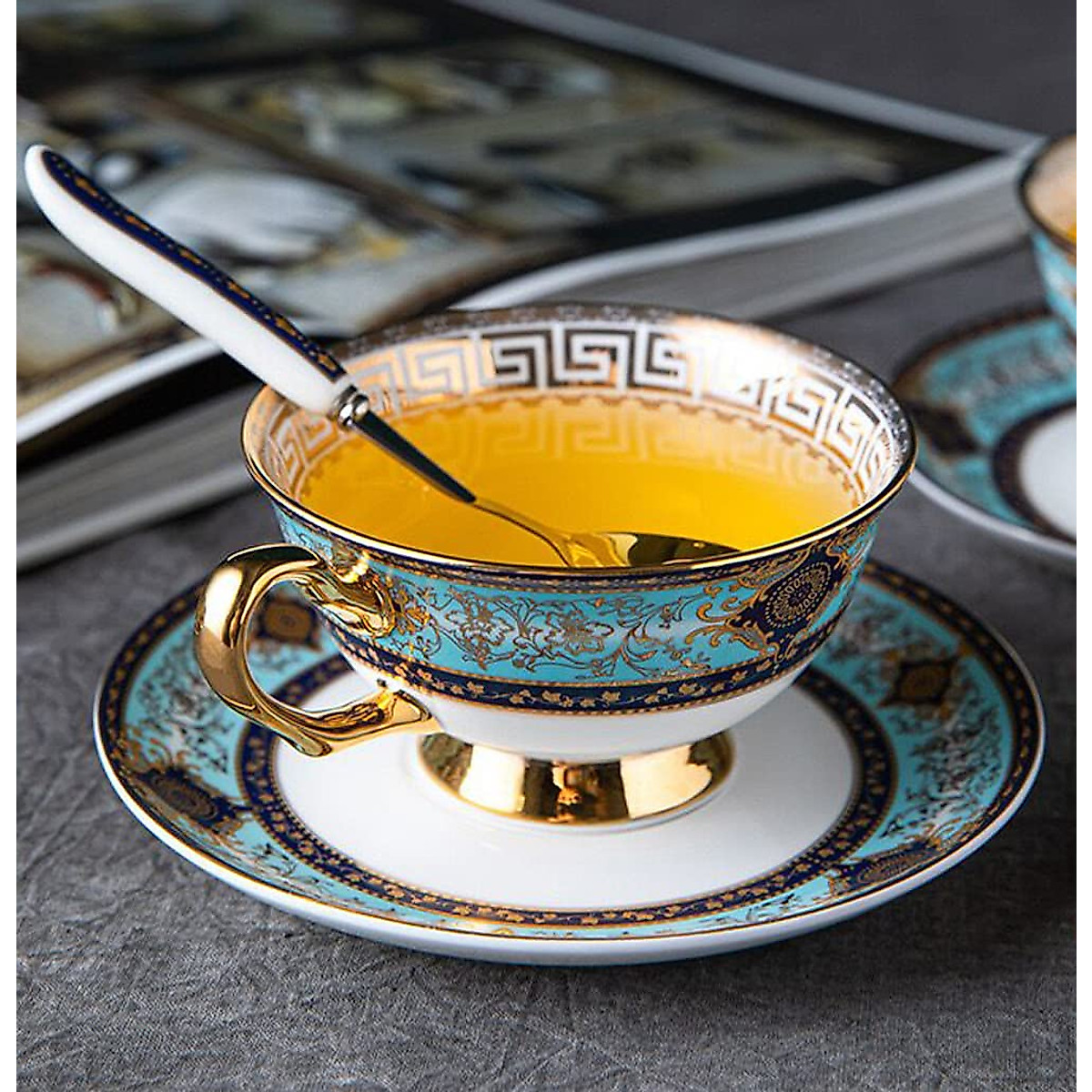 YBK Tech Euro Style Bone China Cup& Saucer Set, Ceramic Tea Coffee Cup for Home Kitchen Wedding (Royal Pattern- Sky Blue)