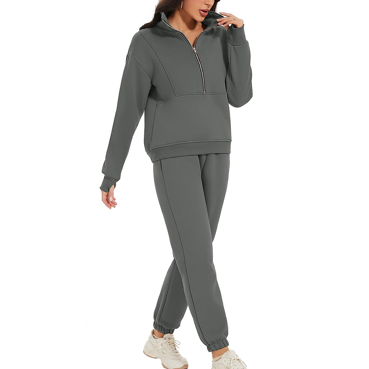 Flygo Womens Fleece 2 Piece Outfits Sweatsuit Half Zip Pullover Sweatshirt Joggers Pants Tracksuit Set (Darkgrey-M)