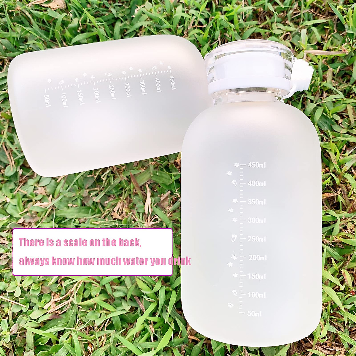 JZSMY 480ml Milk Juice Cute Water Bottle with Scale 2 Lids Little daisy Matte Portable Transparent Water Cup Glass Bottles Creative Handy Cup with Straw and Straw Plug (Transparent 6 flowers)