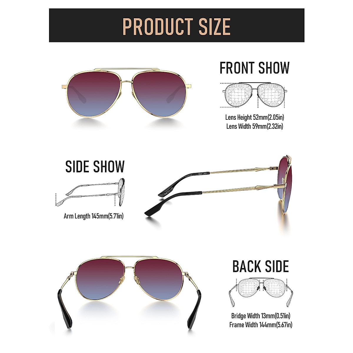 LUENX Men Women Aviator Sunglasses Polarized - UV 400 Protection Nonmirror Lens Metal Frame with Accessories 60mm(Gradient Red and Blue lens)