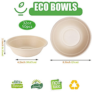 Green Tree Products Disposable Paper Bowls, 32 Oz [50 Pack] Large Bowl-100% Compostable, Biodegradable, Eco-friendly - Convenient for Daily Use for Salad, Hot Soup, and Pasta