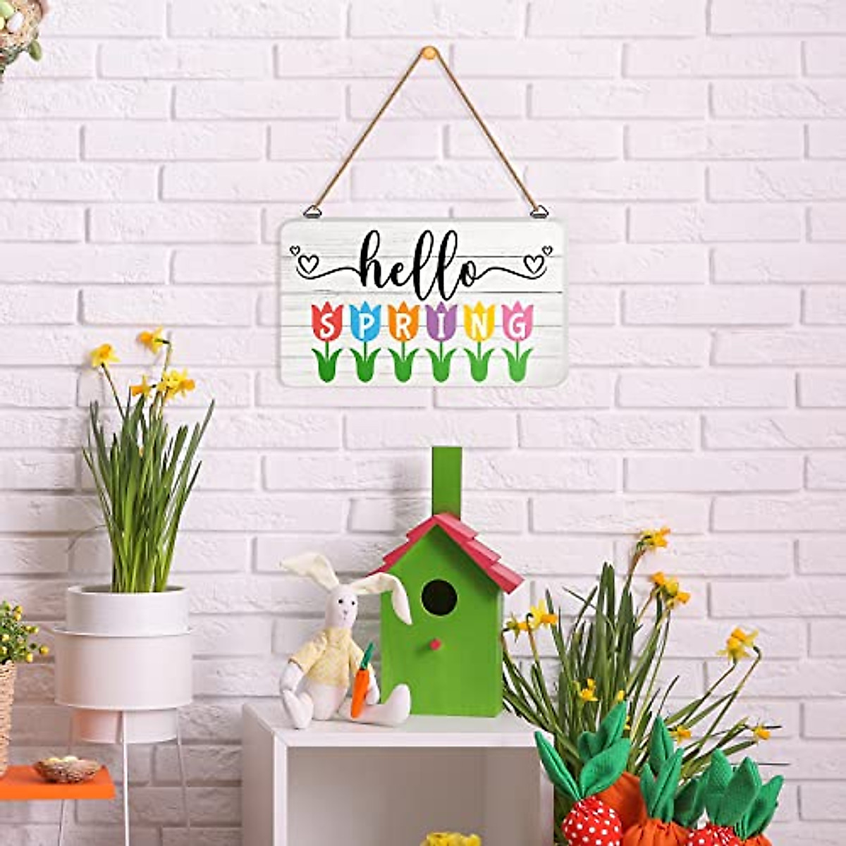Hello Spring Wood Sign Farmhouse Tulips Spring Decor 9 x 5.3 Inch Spring Table Centerpiece Freestanding Wall Table Decor Wooden Cutout Tulips Spring Decoration for Home Dining Room (Spring)