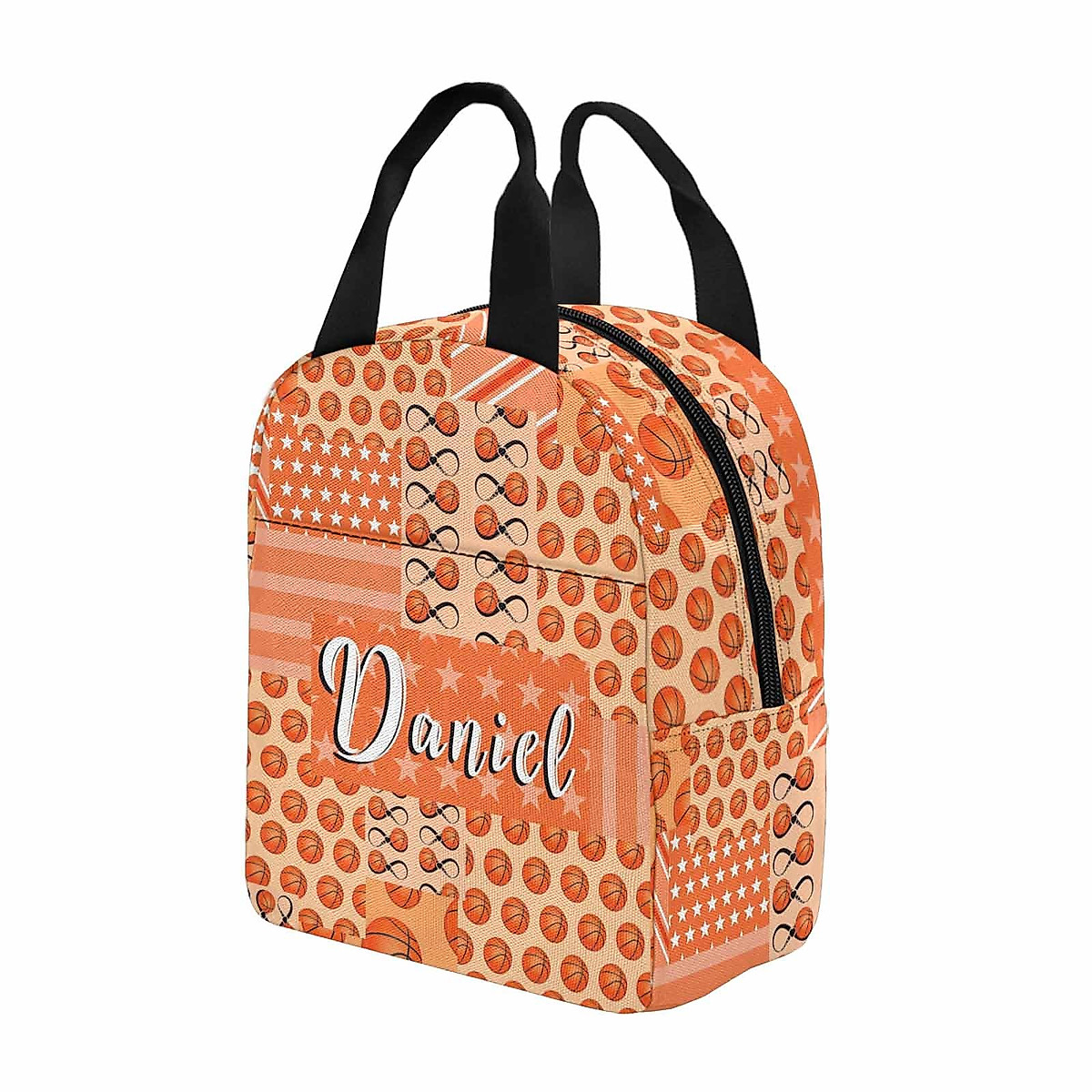 Custom Boys Insulated Lunch Bag with Name Reusable Lunch Bag for Teen Orange Basketball Personalized Lunch Totes Bags Cooler Lunch Bag for Kids Work School Picnic or Travel