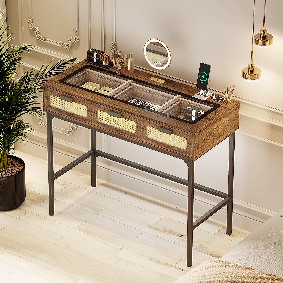 FREDEES Makeup Vanity with LED Lights - Vanity Desk with Glass Top Design & Charging Station, Wooden Makeup Table with Rattan Drawers, Bedroom Furniture Dressing Table Office Desk