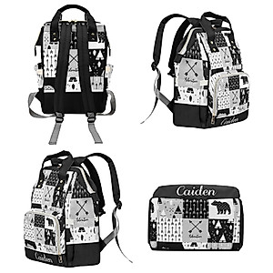Forest Bear Black White Personalized Diaper Backpack with Name,Custom Travel DayPack for Nappy Mommy Nursing Baby Bag One Size