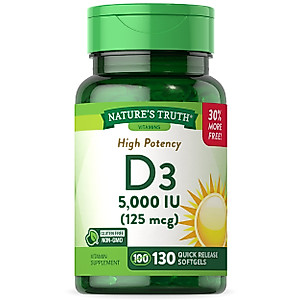 Nature's Truth Vitamin D3 5000 IU Softgels 130 Count | High Potency Vitamin D | Non-GMO, Gluten Free