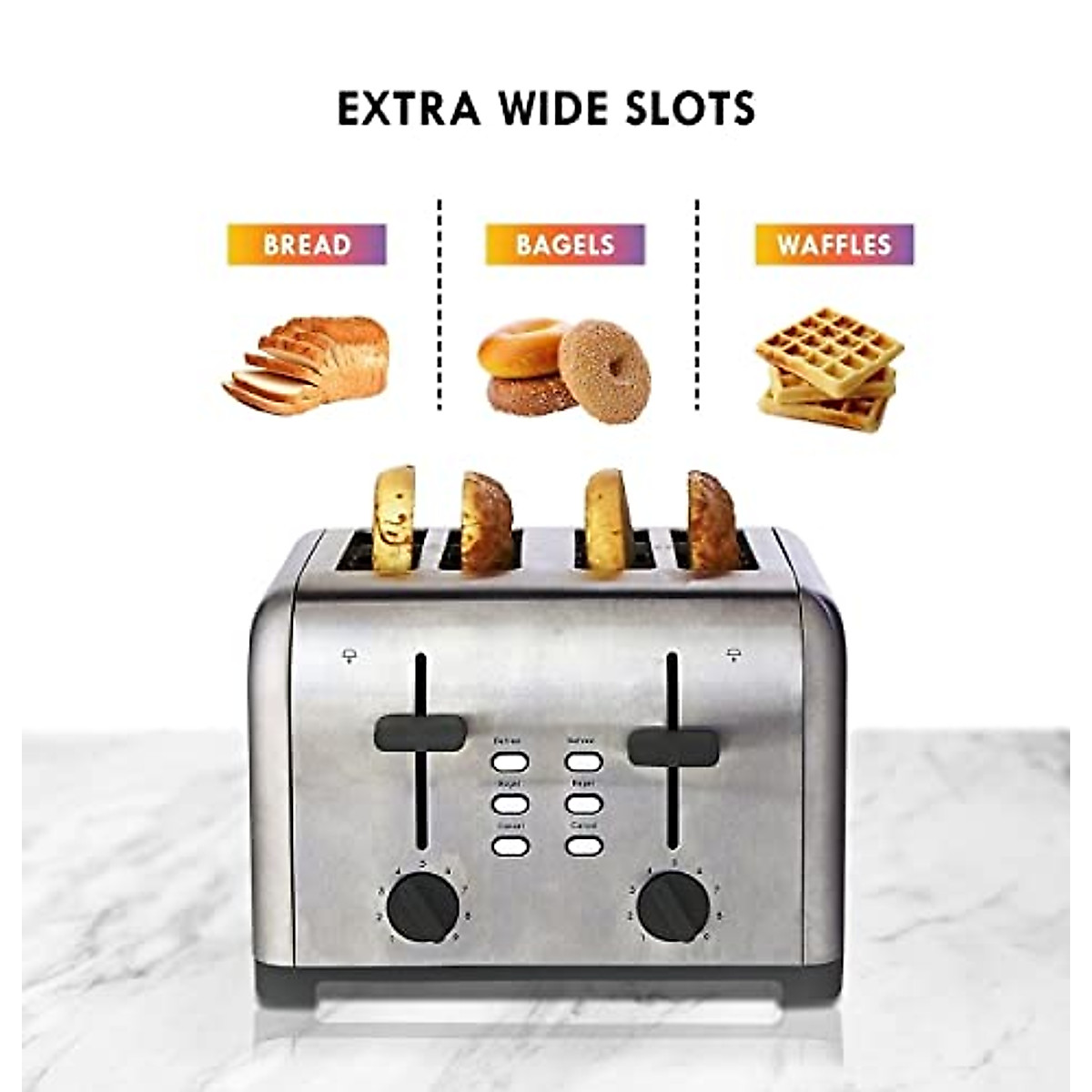 Kenmore 4-Slice Toaster, Stainless Steel, Dual Controls, Extra Wide Slots, Bagel and Defrost Functions, 9 Browning Levels, Removable Crumb Trays, for Bread, Toast, English Muffin, Toaster Strudel