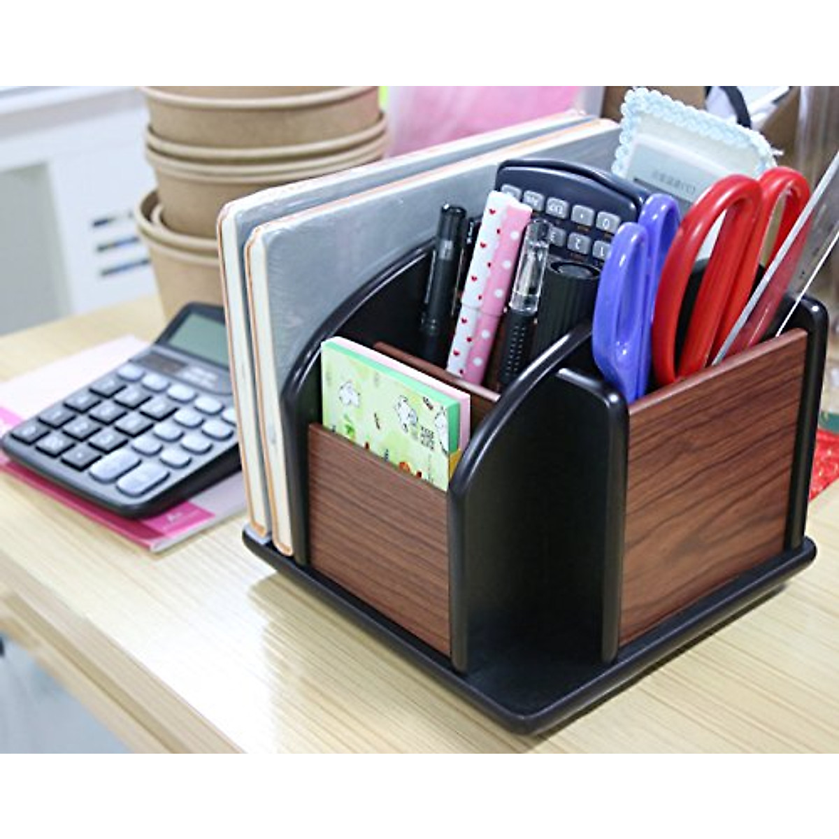 Coideal Wooden Large Spinning Remote Controls Holder Caddy for Table, Rotating Office Supplies Desk Storage Organizer Revolving Wood Pen Pencil Holder (6 Compartments, Brown & Black)