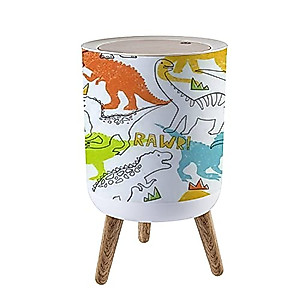 SHL96PZGX Small Garbage Can with Lid Grunge Seamless with Dinosaur on White Print for Boys with Wood Long Legs Simple Human Trash Can for Kitchen, Bathroom, Dog Proof, 1.8 Gallon - 7L