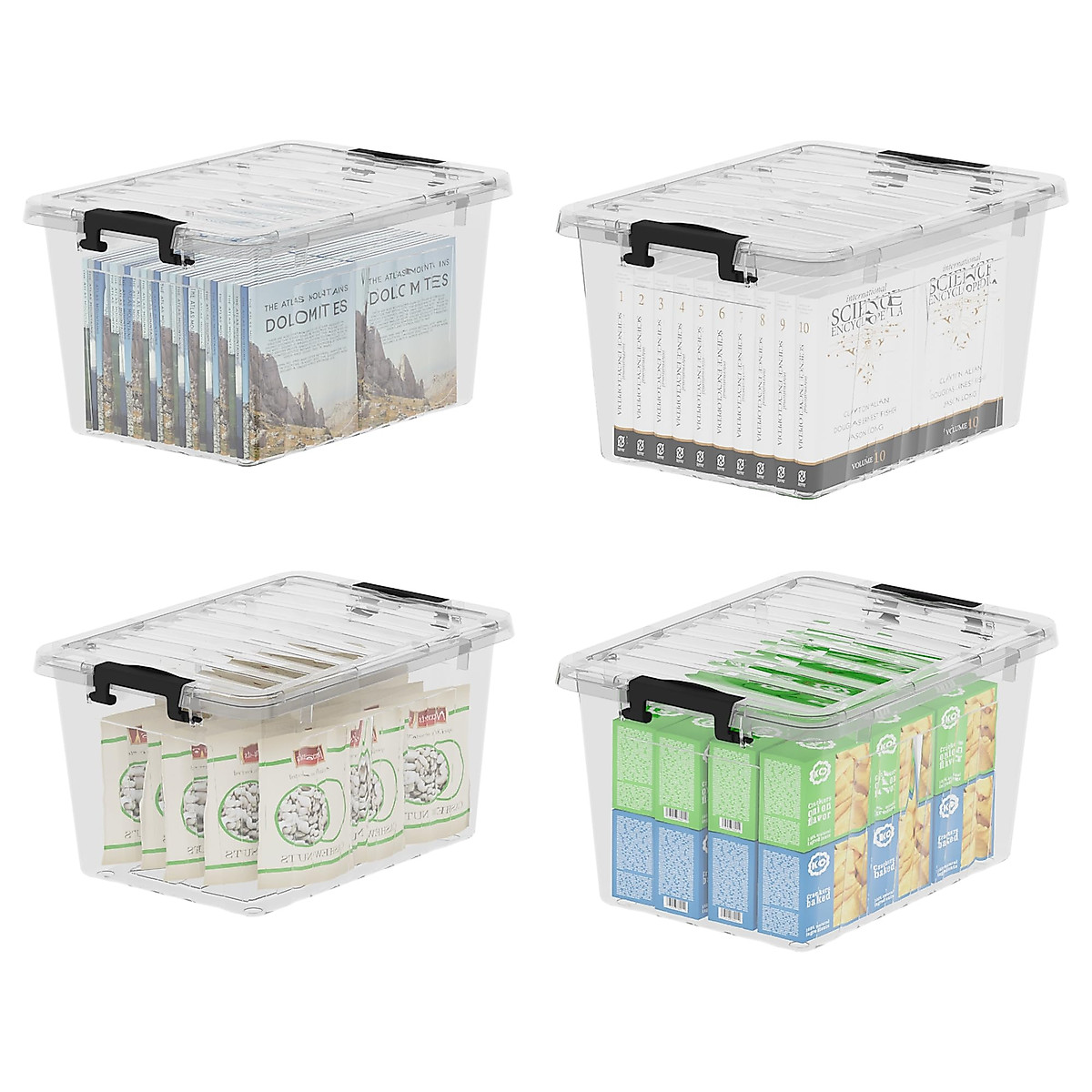 Cetomo 18Qt*4 Plastic Storage Bins, Storage Box, 4 Pack, Organizing Container with Durable Lids and Secure Latching Buckles, Stackable and Nestable, Clear with Black Buckle