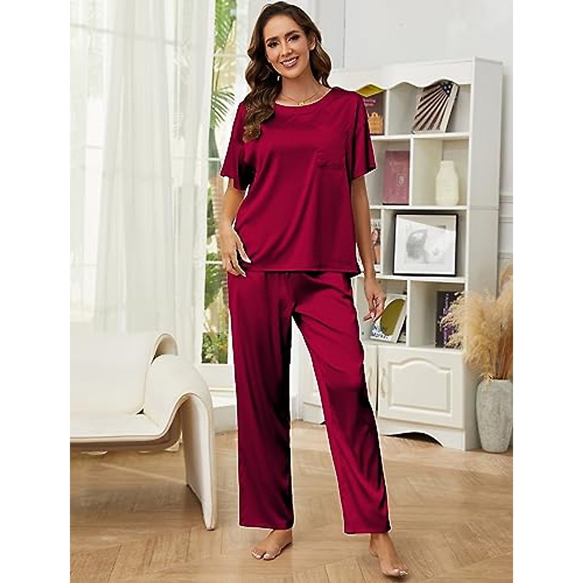 MOYEE Women's Silk Pajama Sets Satin 2 Piece Loungewear Silky Top and Pants with Pockets Wine Red