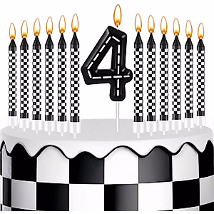 13 Pcs Racing Cars Themed Birthday Candles - 1 to 9 Number Candle & Black and White Checkered Candles, Truck Candle Cake Topper for Racing Car Party Baby Shower Party Decoration Supplies (Number 4)