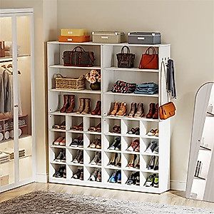 Tribesigns Shoe Cabinet, 24 Pair Freestanding Shoe Rack Storage Organizer with Side Hooks, Modern Shoe Storage Cabinet with Shelves for Hallway Bedroom Closet Entryway (2PCS)