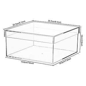 Yeeco Clear Acrylic Boxes with Lid Acrylic Storage Cube Containers with Lids, Plastic Square Boxes 7.92×7.92×3.93 Inches for Candy, Cotton Ball, Beads, Tiny Arts, Watches, Earring, Cosmetics
