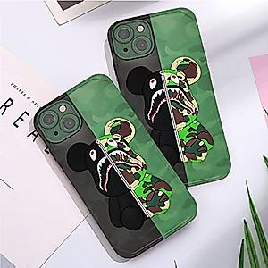 LANJINDENG iPhone 13 Case Camo Shark Bear Design for Men Boys, Cool ArmyGreen 3D Cartoon Pattern Street Fashion Shockproof Anti-Scratch Silicone Full Body Protection Case for iPhone 13