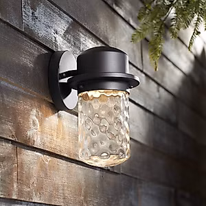 Possini Euro Design Mallow Modern Rustic Outdoor Wall Light Fixture LED Textured Black Steel 9 1/4" Clear Hammered Glass for Exterior House Porch Patio Outside Deck Garage Front Door Garden Home