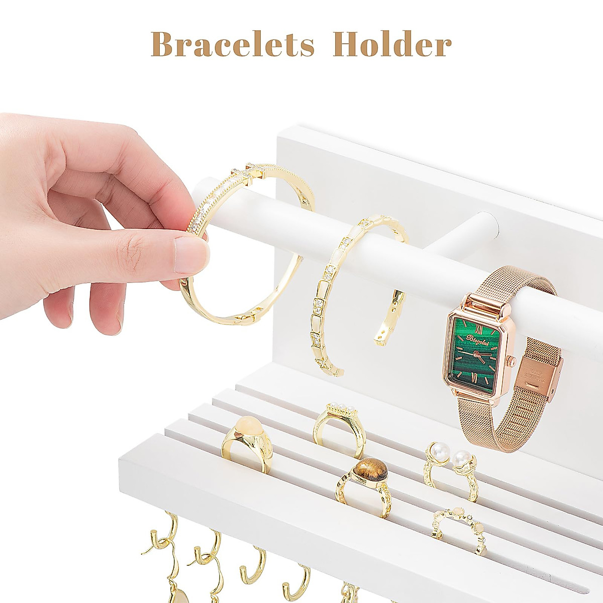 HappyHapi Hanging Jewelry Organizer Necklace Organizer Jewelry Hanger with 36 Hooks,Wall Mounted Jewelry Organizer for Necklace Earrings and Rings (White)