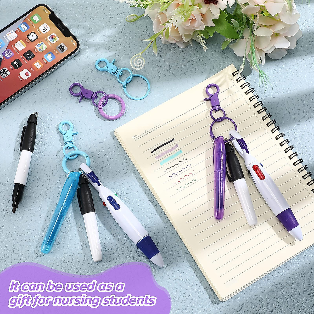 Sabary Mini Highlighter Nurse Pen Pack Set Nurse Pens for Badge Include Pink and Purple Tip Highlighter 2 Permanent Marker Pen and 2 Retractable Ball Pen with 2 Nursing Keychain Clip (Blue, Purple)