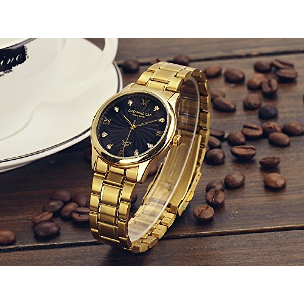 DREAMING Q&P IP Gold Plating Steel Roman Numeral Dial with Rhinestones Luxury Mens Wrist Watches for Man Black 003
