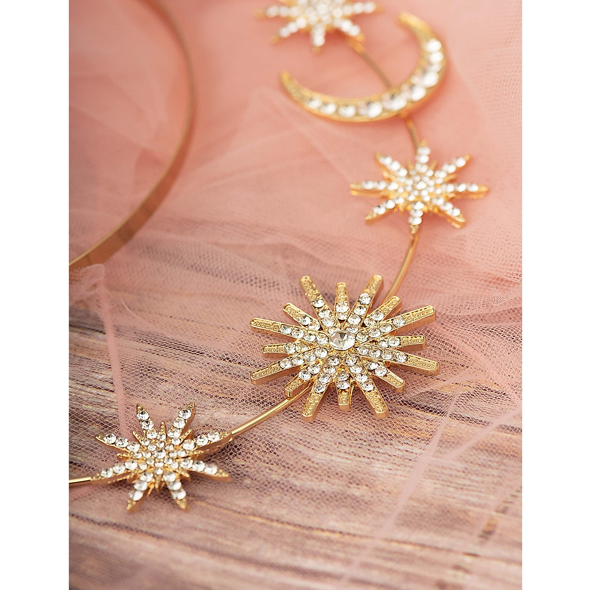 Star and Moon Halo Crown Goddess Crown Celestial Headband Starburst Halo Wedding Bridal Prom Tiara (2-Gold)