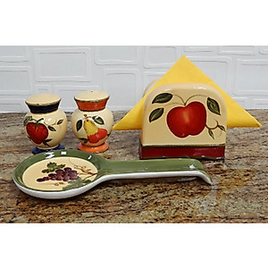 ACK Tuscany Garden Ceramic Colorful Hand Painted Mixed Fruit 4PCs Stove/Table Top Set,Pepper and Salt Shakers,Napkin Holder and Spoon Rest, Kitchen Décor