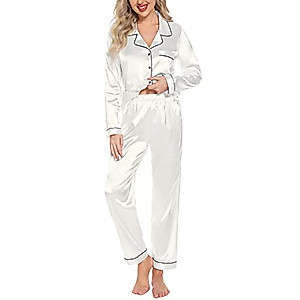 Pjmlifecoco Women's Silk Pjs Set Satin Long Pajamas Top and Pants 2 Pieces Sleepwear with Pockets White