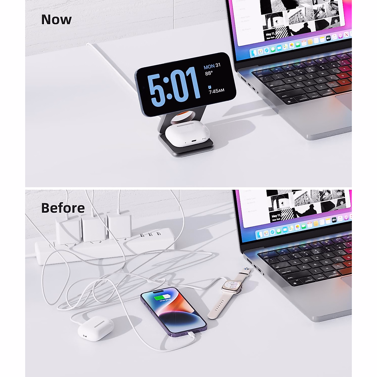 KU XIU Foldable Magnetic Wireless Charger, Aluminum Alloy 3 in 1 Charging Station for Apple, Fast Mag-Safe Charger Stand for iPhone 15 14 13 12 Pro/Max/Plus, for AirPods 3/2/Pro,5W for iWatch-Gray