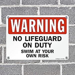 SmartSign 10 x 14 inch “Warning - No Lifeguard On Duty, Swim At Your Own Risk” Metal Sign, Screen Printed, 40 mil Laminated Rustproof Aluminum, Red, Black and White