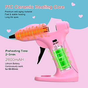 Glue Gun Cordless USB Rechargeable: 2600mAh Battery Operated Fast Preheating Wireless Hot Glue Gun Kit with 30pcs Mini Glue Stick for Crafts DIY Arts Home Repairs - Pink