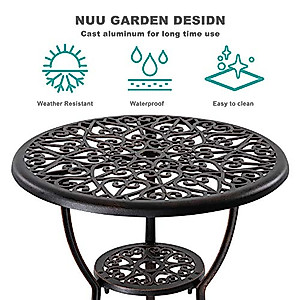 Nuu Garden 3 Piece Outdoor Bistro Table Set, All Weather Cast Aluminum Patio Bistro Sets Patio Table and Chairs Set of 2 with Umbrella Hole for Yard, Balcony, Black