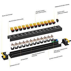 CRST 12 Outlets Heavy Duty Power Strip Surge Protector with Individual Switches, Metal Mountable Power Strip with Cord Manager, 9FT, 1020J, 15A/1875W (Black+Yellow) for Garage, Workshop, Shop, Home