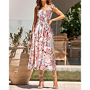 PRETTYGARDEN Women Summer Dresses 2023 Tie Strap Square Neck Smocked Ruffle Flowy Floral Print Boho Maxi Cocktail Dress(Floral Pink,X-Large)