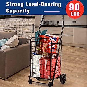 FiveShops Utility Cart with Wheels to be Used as a Shopping Cart, Grocery Cart, Laundry Cart and Stair Climber Cart, Weighs 7.5 Pounds but Holds up to 90 Pounds, Compact and Foldable, Black