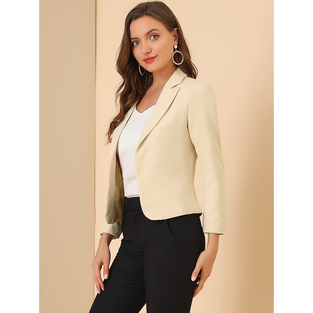 Allegra K Women's Open Front Office Work Business Casual Lightweight Crop Suit Blazer Jackets X-Small Beige-Solid