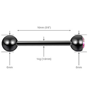 Evonix 14g 16mm Black Rose Gem Tongue Ring Crystal Piercing Jewelry Sparkling Stud Rings For Women 5/8