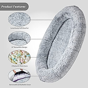 Homguava Large Human Dog Bed 75.5"x55"x12" Human-Sized Big Dog Bed for Adults&Pets Giant Beanbag Bed with Washable Fur Cover,Blanket and Strap, Grey Plush
