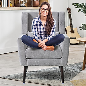 QKFF Accent Chair Set of 2, Upholstered Armchair with Pillow, Fabric Single Sofa Chair with Lounge Seat and Wood Legs Accent Chair for Living Room Small Spaces (Grey, Set of 2)