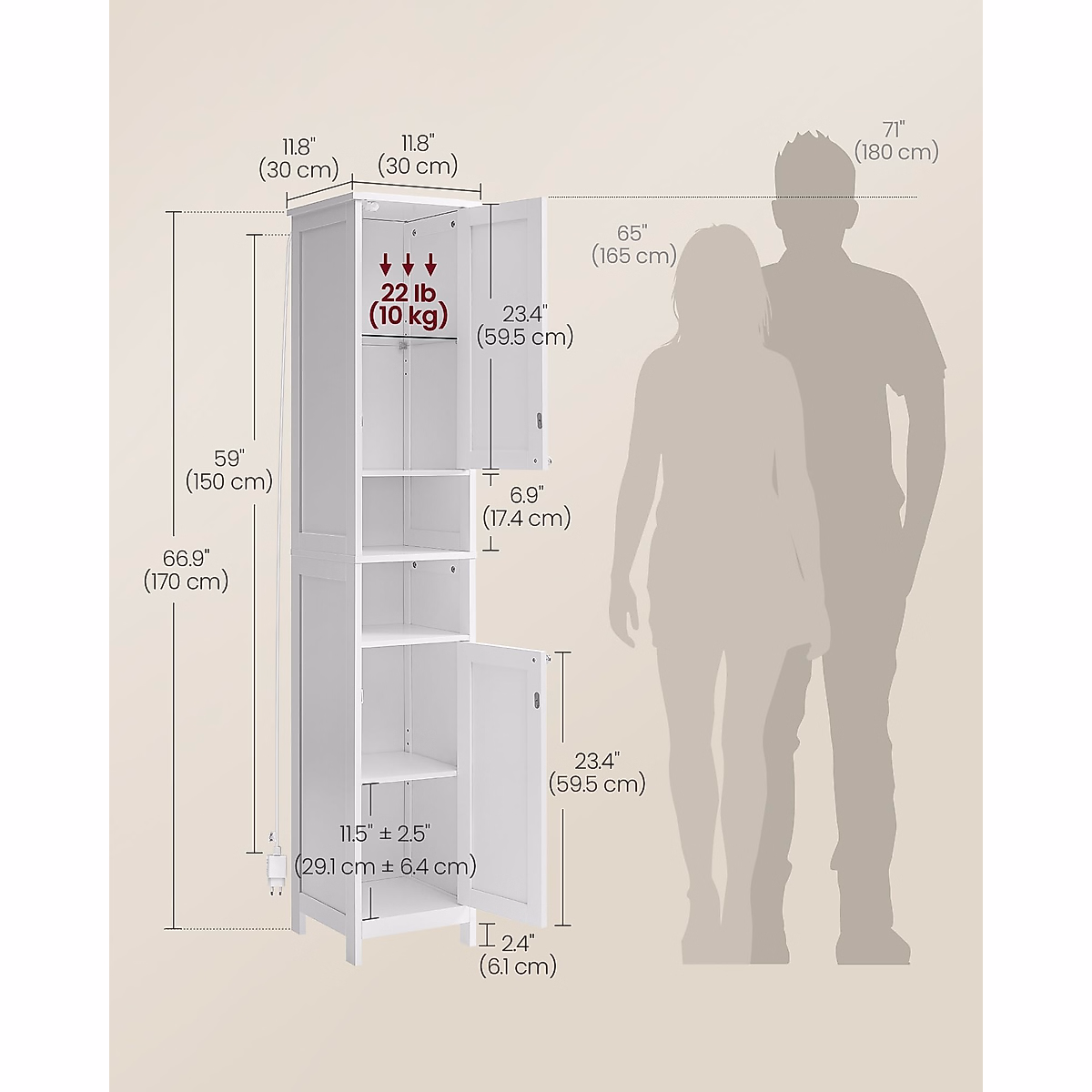 VASAGLE Tall Bathroom Cabinet with Lights, Slim Freestanding Bathroom Storage Cabinet with Adjustable Shelves, for Small Spaces, Modern, 11.8 Inches Wide, Cloud White UBBC566W02
