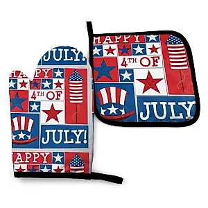 Patriotic 4th of July Oven Mitt Set Pot Holder Heat Resistant Hot Kitchen Insulated Glove for Microwave Cooking BBQ Baking Grilling Washable