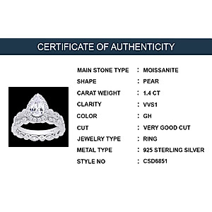 Wishrocks 1.4CT 925 Sterling Silver White Gold Over Bridal Ring Set Teardrop Moissanite Diamond Halo Engagement Ring Vintage Pear Promise Ring Marquise Wedding Band for Women VVS1-6