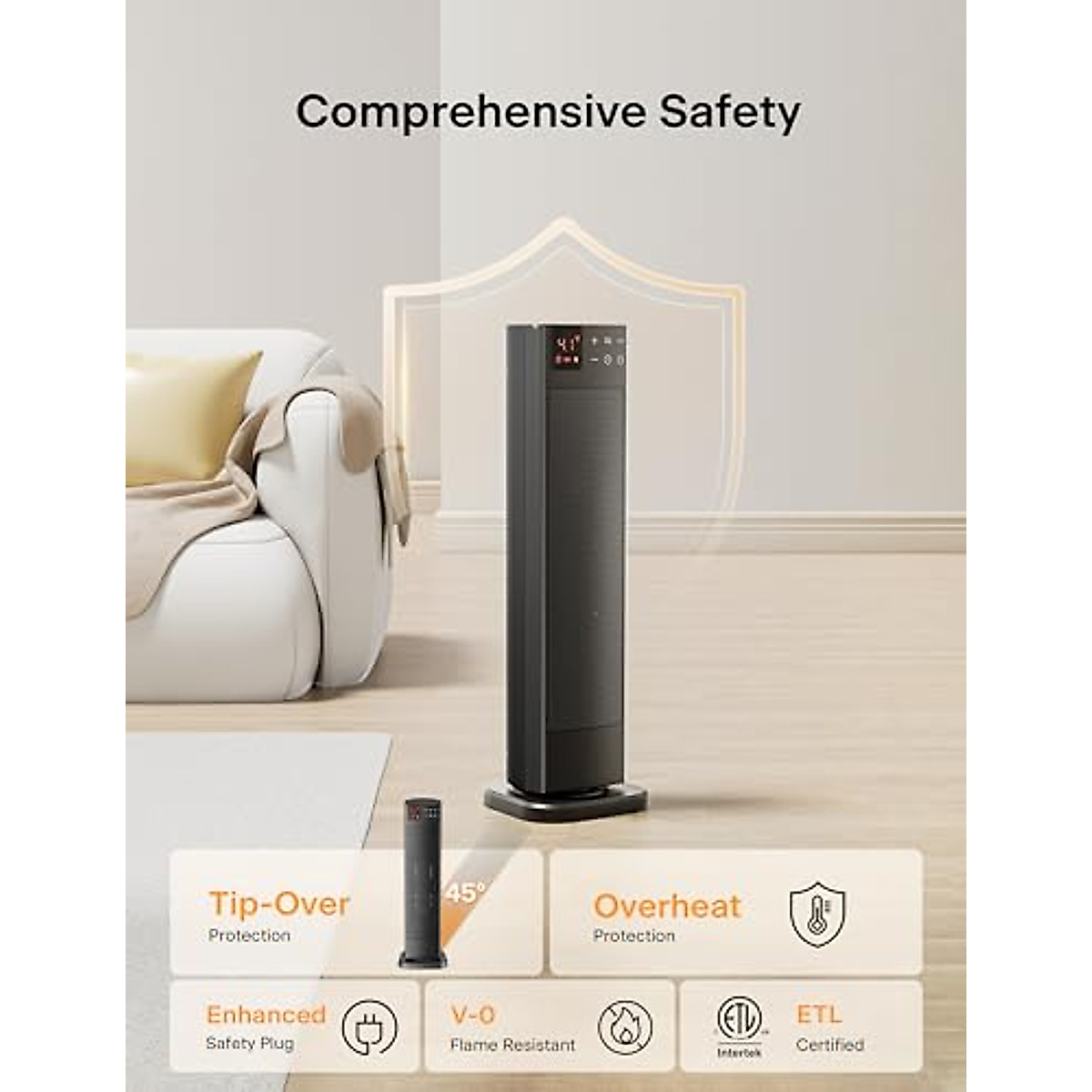 PELONIS Oscillating Ceramic Tower Indoor Space Heater for Home with Oscillation, Programmable Thermostat & ECO Mode, 12H Timer & Remote Control, Safety Protection, 23 Inches, 1500W, PHF15RSAPH23