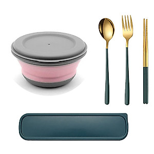 4 Piece Portable Collapsible Bowl Chopsticks Spoon Fork Set Portable Portable Camping Bowl Stainless Steel Flatware Set with Fork Spoon Chopsticks Set for Office School Travel Camping Picnic