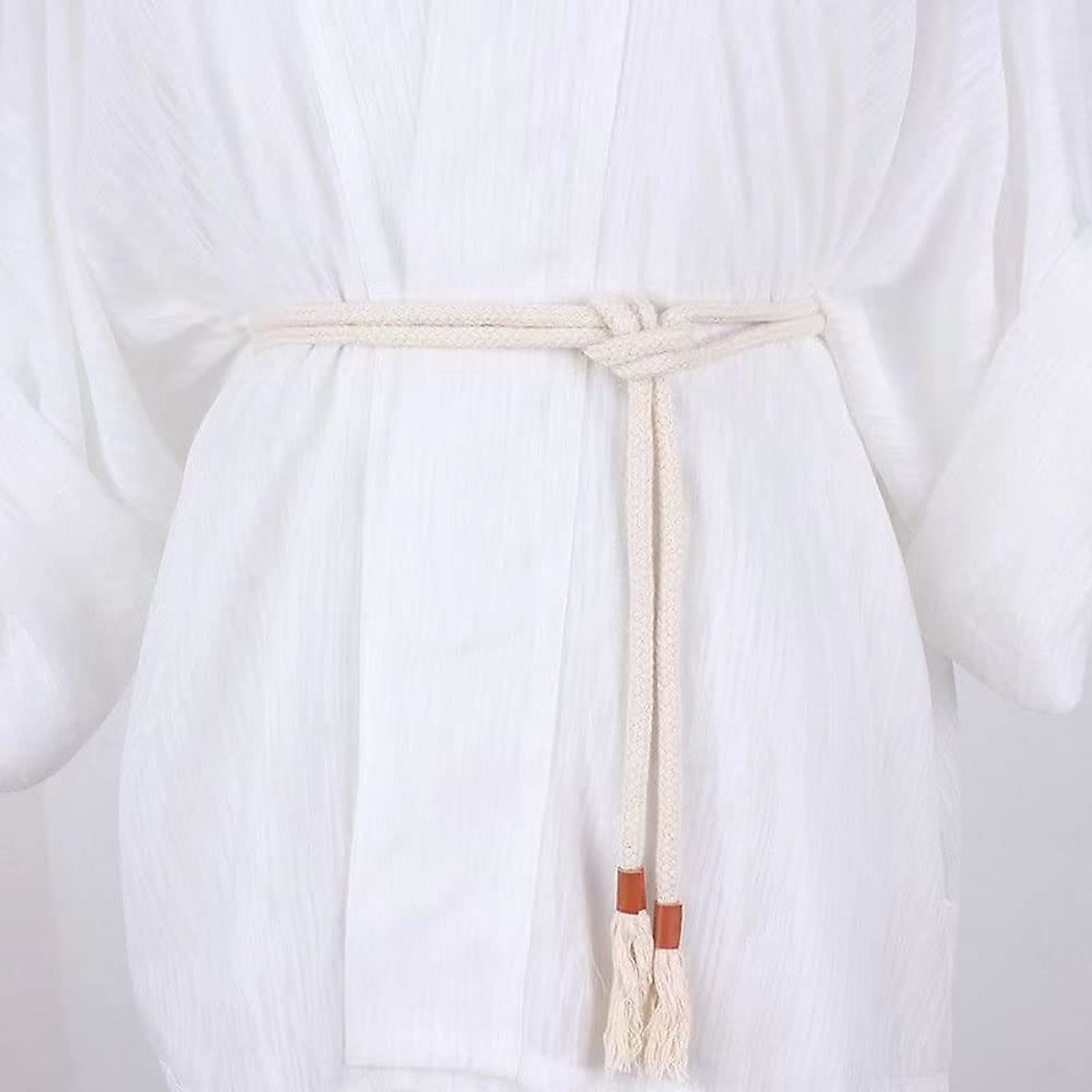 NONGFUGE Simple White Natural Cotton long Waist Rope Tie String Belt Medieval For Women Beach Dress Pants with Tassels Braided Woven