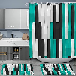 YOKYHOM Green Bathroom Sets with Shower Curtain and Rugs, 3 Piece Striped Bathroom Shower Curtain Sets with Rugs, Incl 71'' x 71'' Shower Curtain with 12 Hooks, 2 Pcs 30'' x 18'' Non Slip Bath Mats