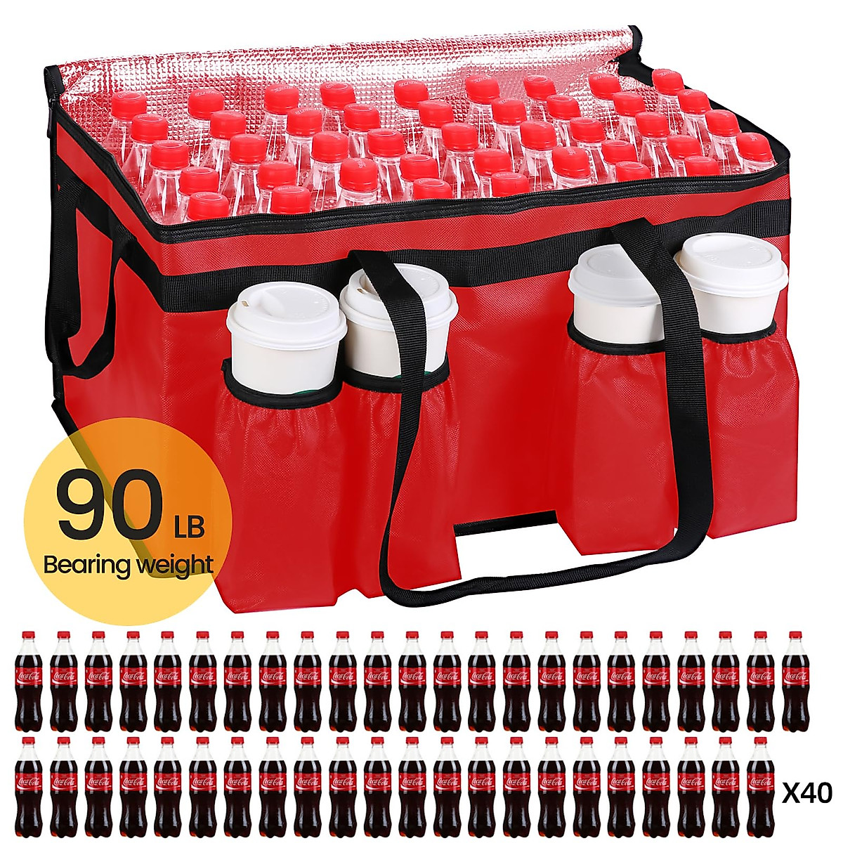 Insulated Food Delivery Bag with Cup Holders/Drink Carriers Premium XXL, Great for Beverages, Grocery, Pizza, Commercial Quality Hot and Cold Catering Bag for doordash 22x14x13 hot Boxes