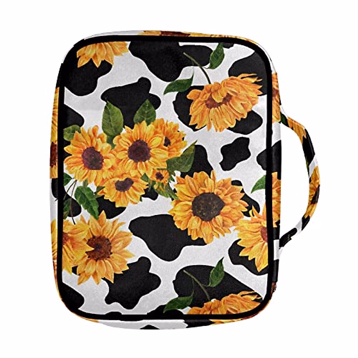 Coldinair Cow Sunflower Print Bible Cover for Women Girls Kids,Portable Carrying Book Case Church Bag Bible Protective with Handle and Zippered Pocket