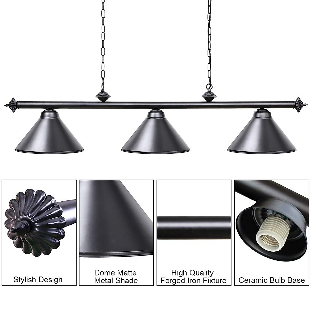 Wellmet 3 Light Pool Table Light, Vintage Retro Kitchen Island Pendant Light with Matte Black Shade, Modern Industrial Chandelier