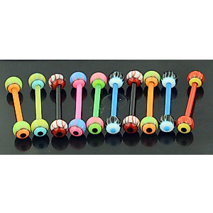 10 Pieces Pack of UV Bloody Eye Ball with 16MM Length - 14 Gauge Bioplast Flexible Straight Barbell Tongue Ring